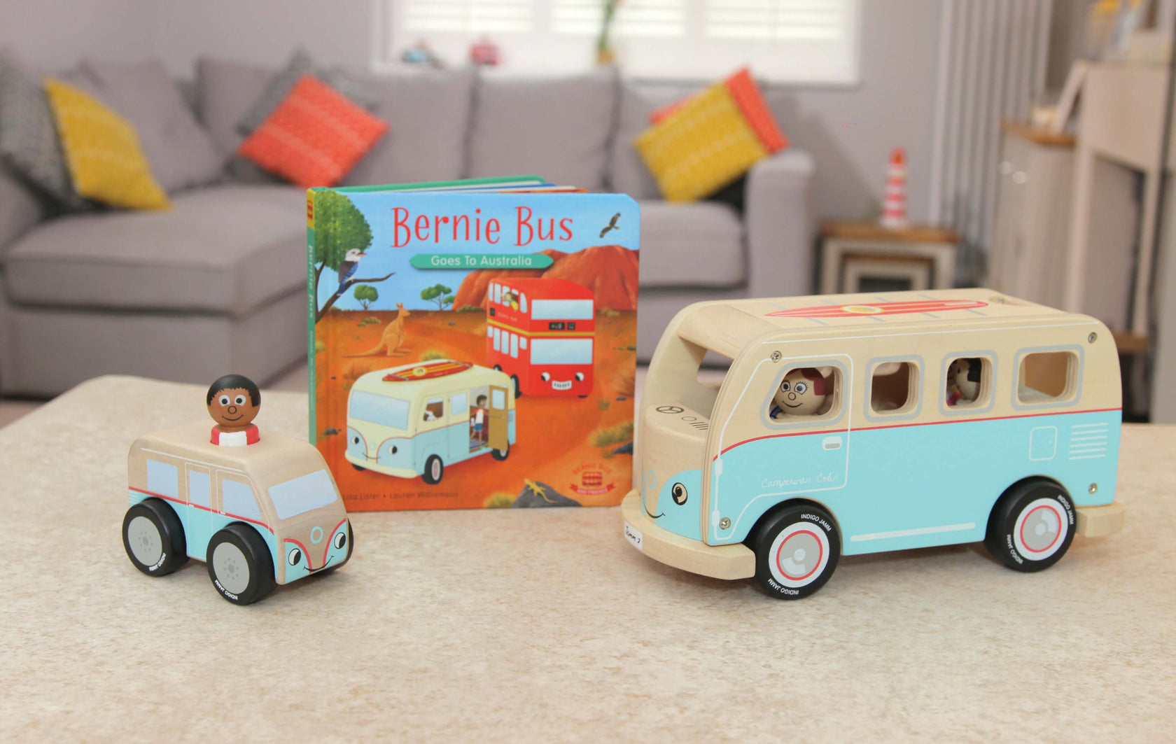 Mini blue camper van wooden car toy for 18 months old